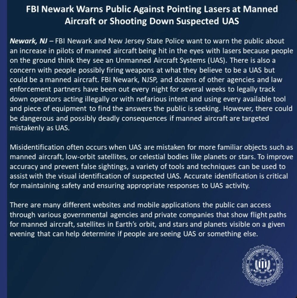 FBI Newark Warns Of Dangerous Trend: Lasers And Weapons Targeting ...